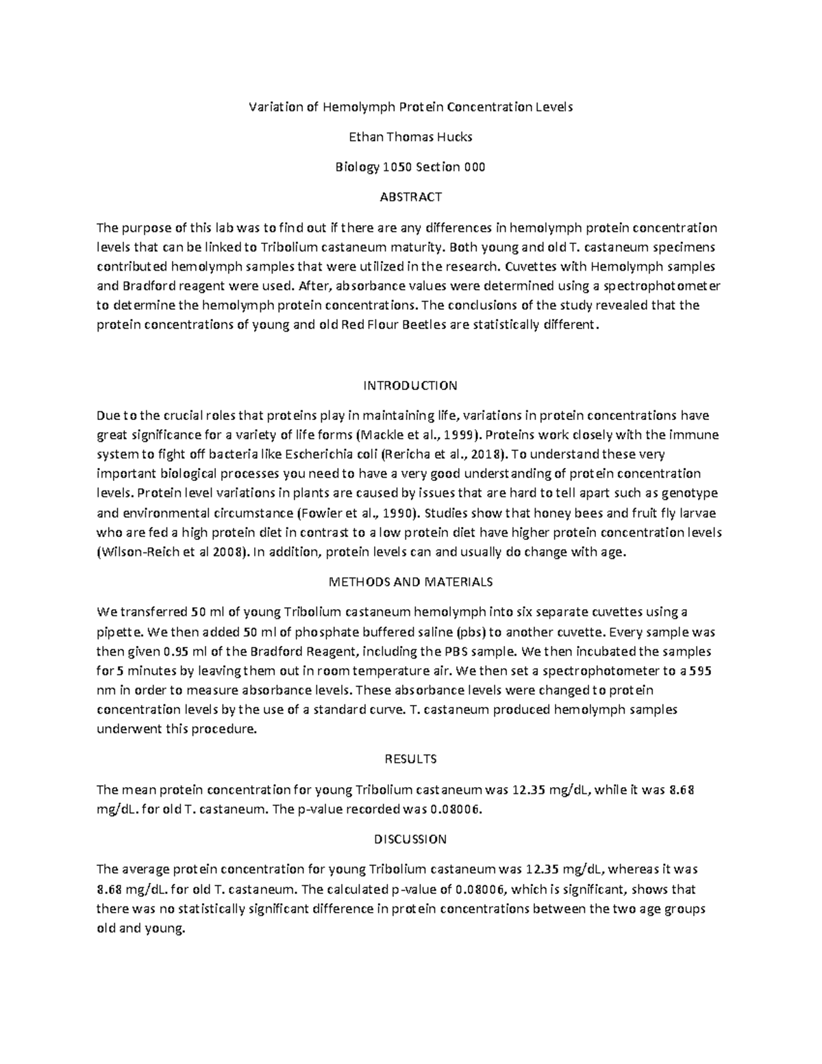 Bio lab report - Variation of Hemolymph Protein Concentration Levels ...