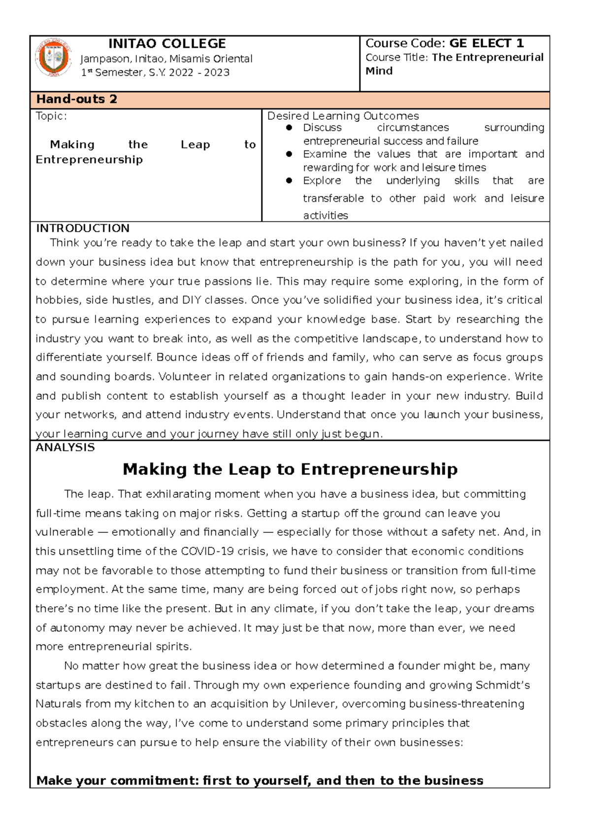 GE Elect 1 Hand outs 2 - handouts - INITAO COLLEGE Jampason, Initao ...
