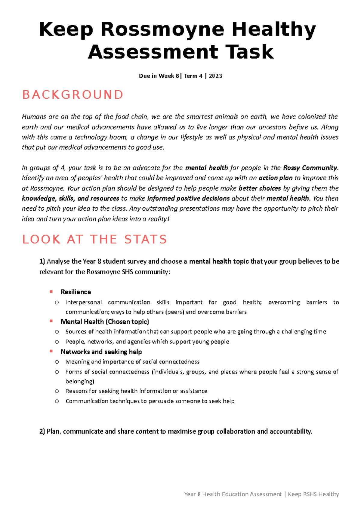 Yr 8 Health - Term 4 Assessment - Keep Rossmoyne Healthy Assessment ...