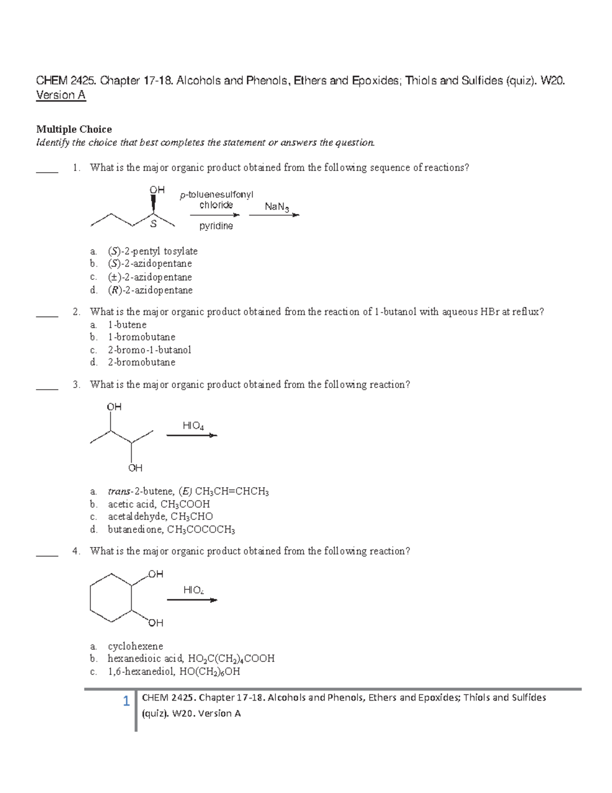 CHEM 2425. Chapter 17-18. Alcohols and Phenols- Ethers and Epoxides ...