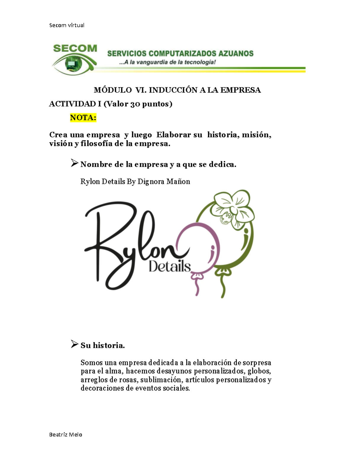 Actividad I Modulo VI - Secom virtual Beatriz Melo MÓDULO VI. INDUCCIÓN ...