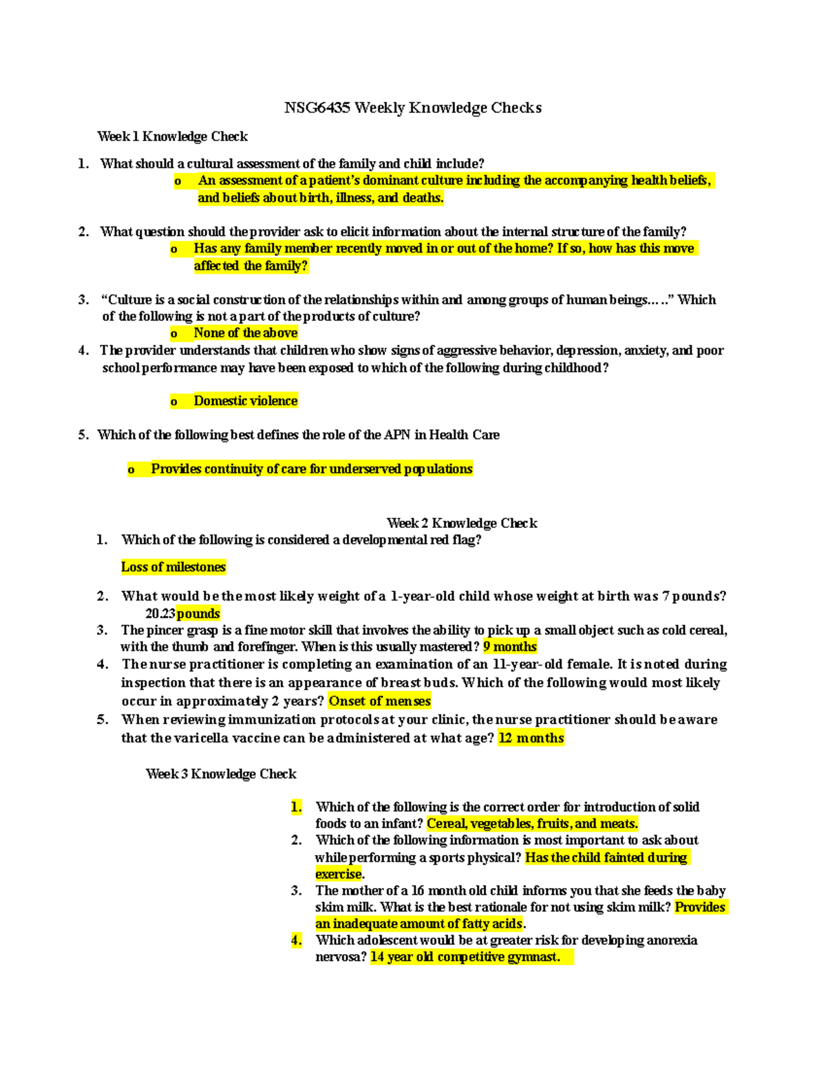 NSG6435Knowledge Checks - NSG6435 Weekly Knowledge Checks Week 1 ...