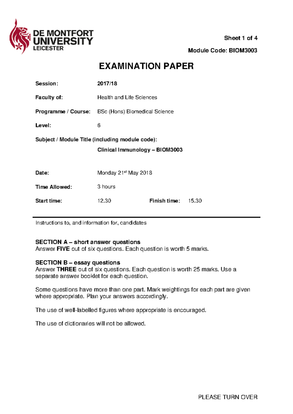 BIOM3003 Exam 2018 - Warning: TT: undefined function: 32 Module Code: BIOM EXAMINATION PAPER ...