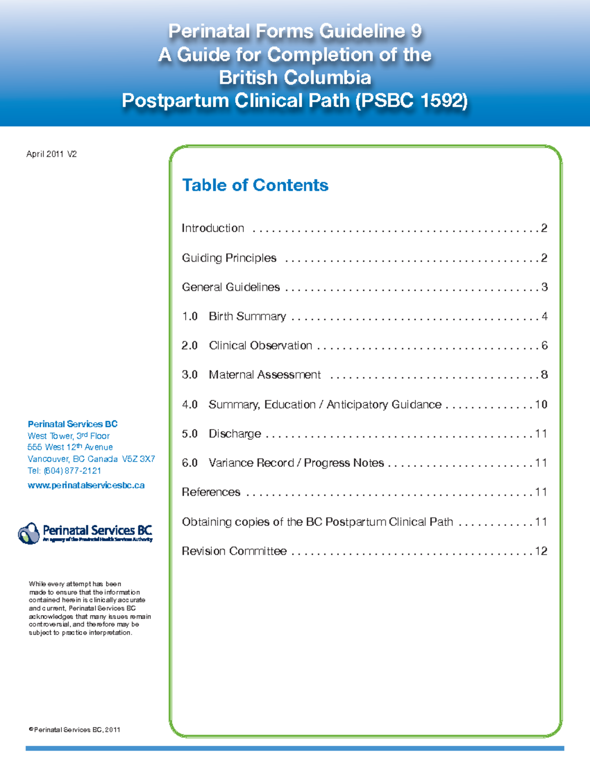 Form1592 Guide Postpartum Clinical Path - April 2011 V Perinatal Forms ...