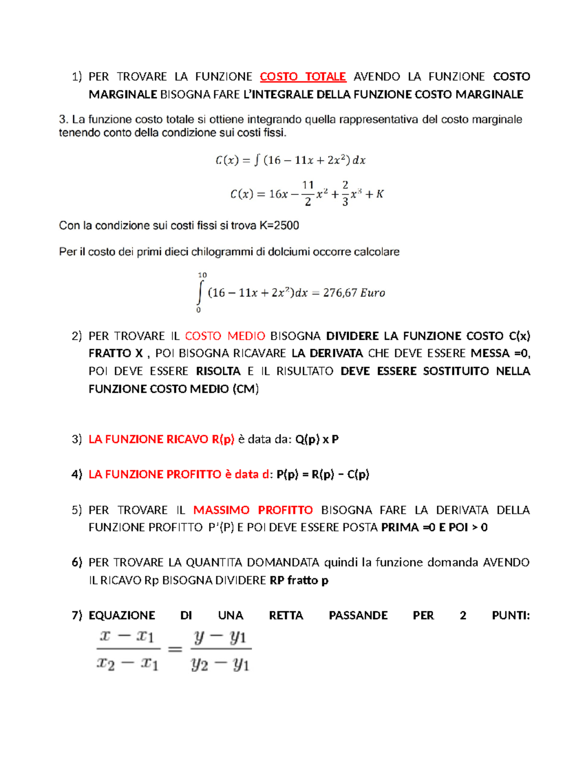Formulario Matematica Generale - 1) PER TROVARE LA FUNZIONE COSTO TOTALE AVENDO LA FUNZIONE ...