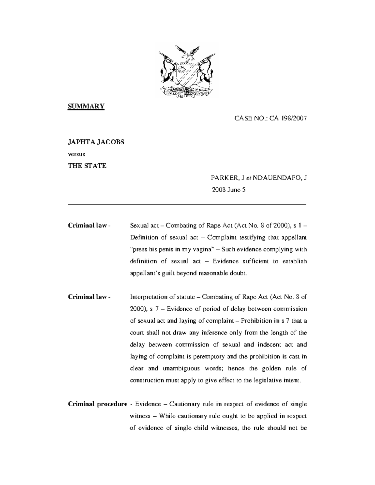 Japtha jacobs - Lecture notes 8 - SUMMARY CASE NO.: CA 198/ JAPHTA ...