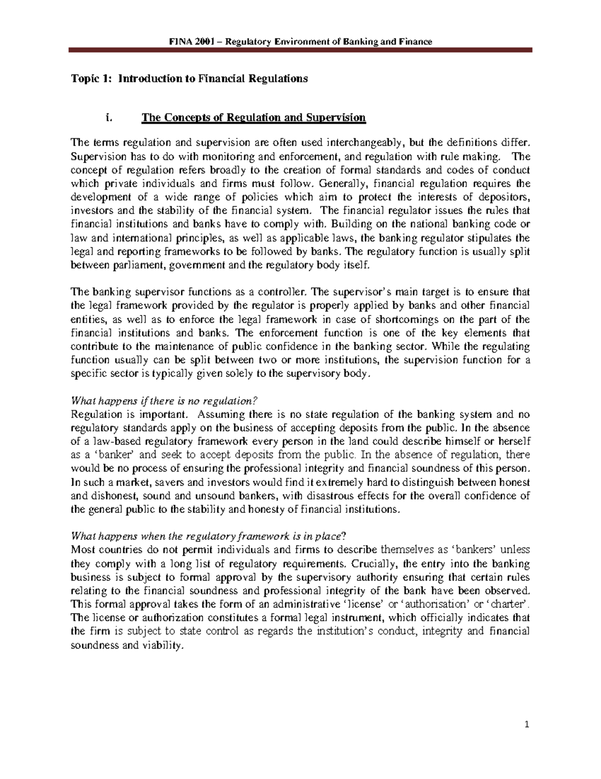 Topic 1 - Uploaded - Topic 1: Introduction to Financial Regulations i ...