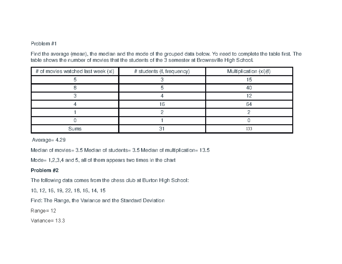 Hwk13(Math) - Homework 13 - Problem # Find the average (mean), the ...