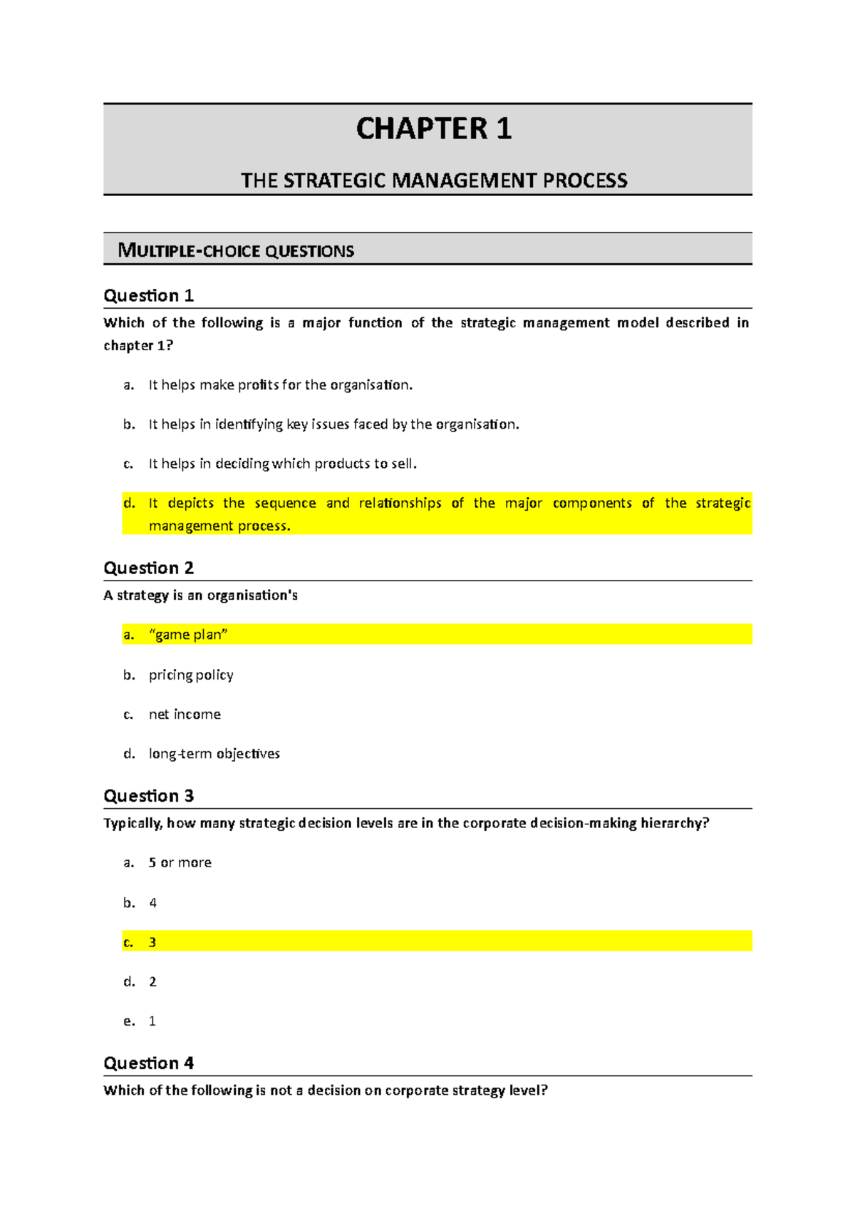 TSMP2 Test Bank C - multiple choice questions on strategic management ...