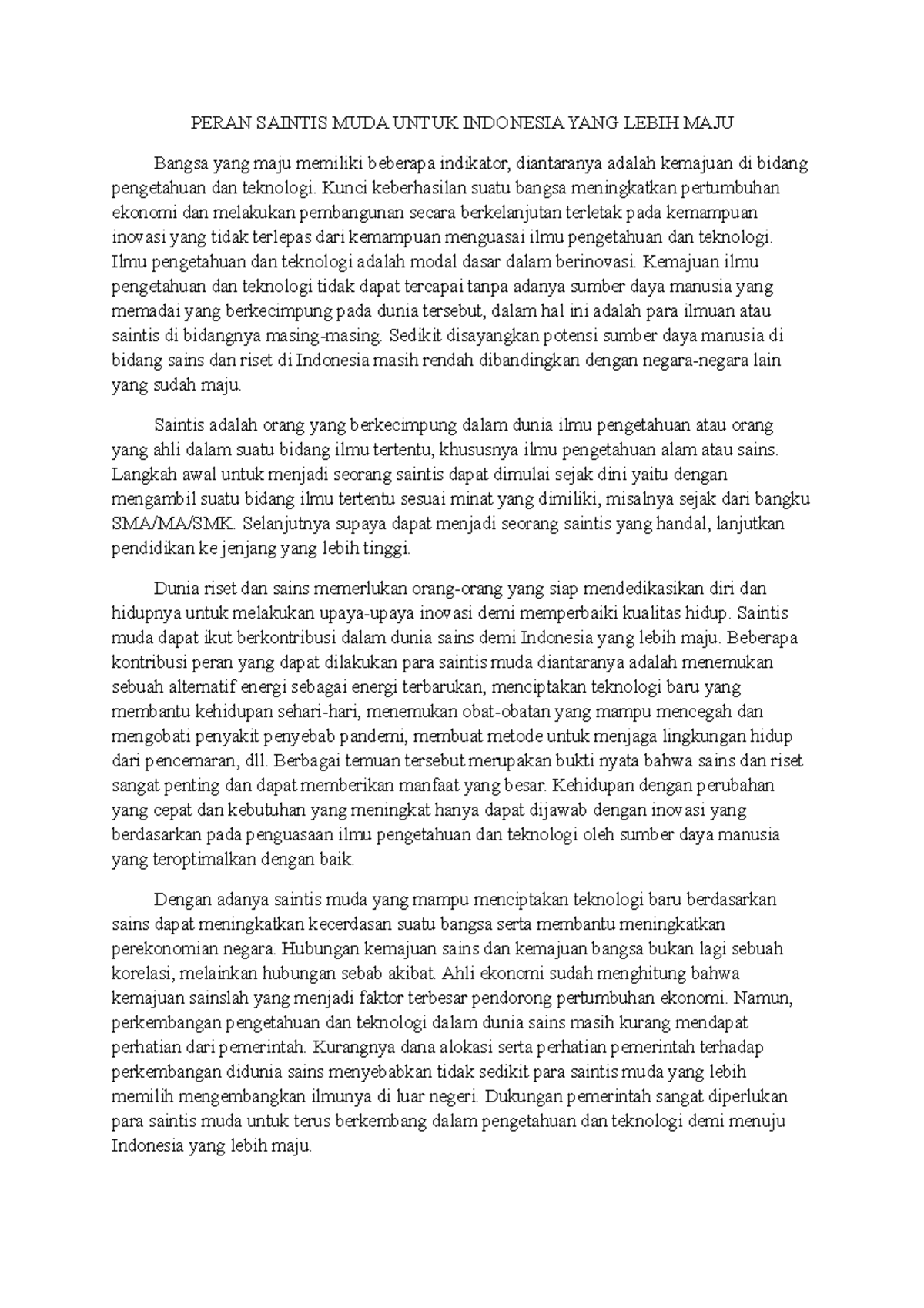 Essay peran saintis muda - PERAN SAINTIS MUDA UNTUK INDONESIA YANG ...