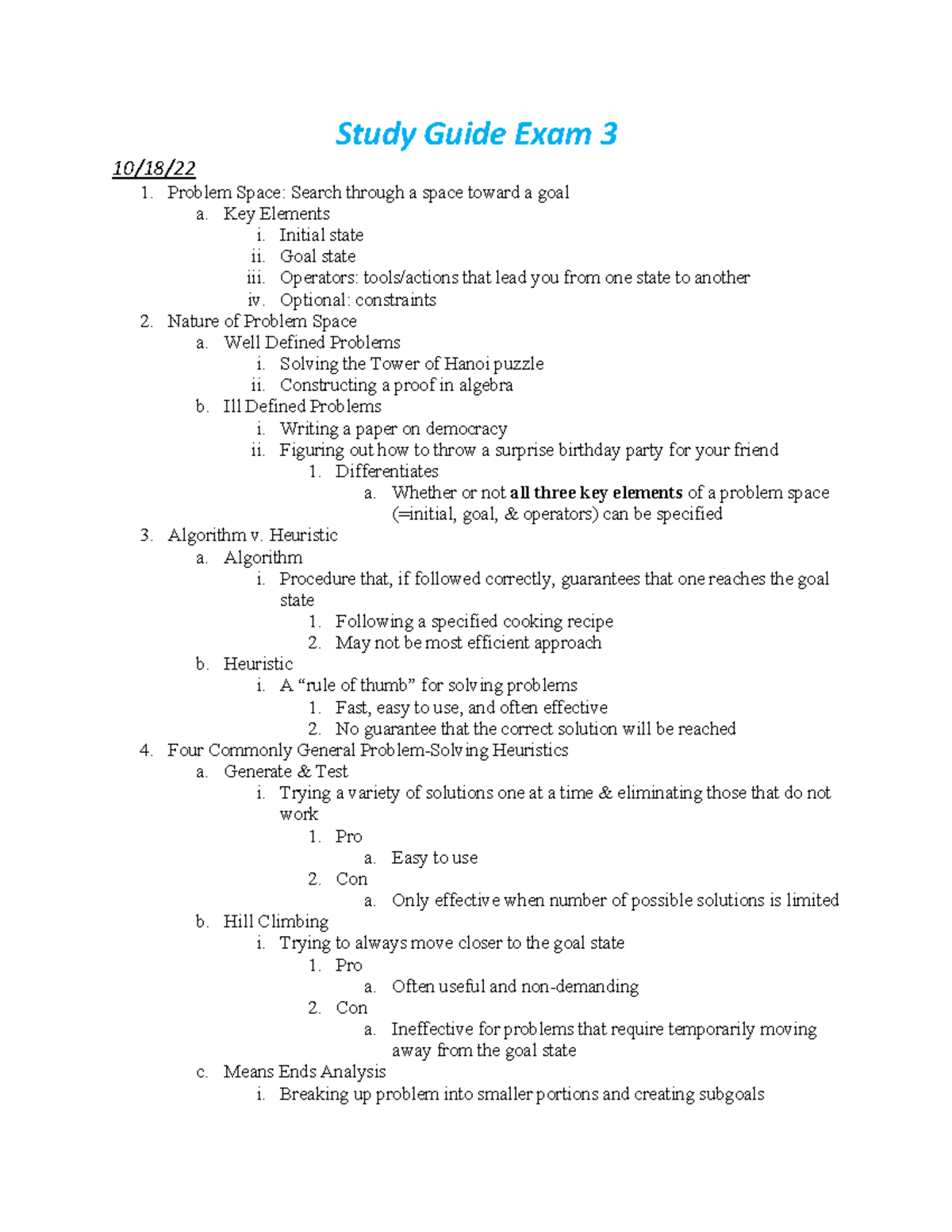 Study Guide Exam 3 - exam prep for akira miyake - Study Guide Exam 3 10/18/ Problem Space ...