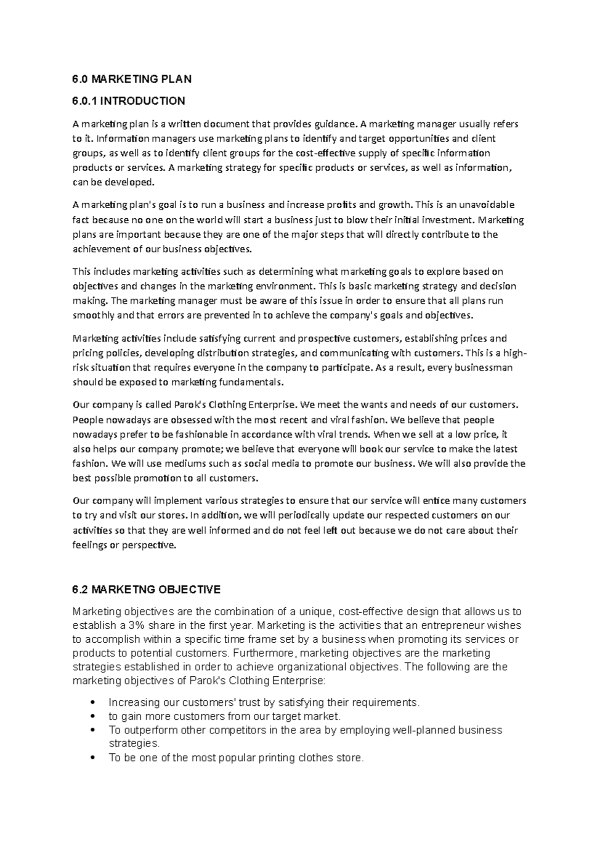 ENT 300 - tutorial ent 300 - 6 MARKETING PLAN 6.0 INTRODUCTION A ...