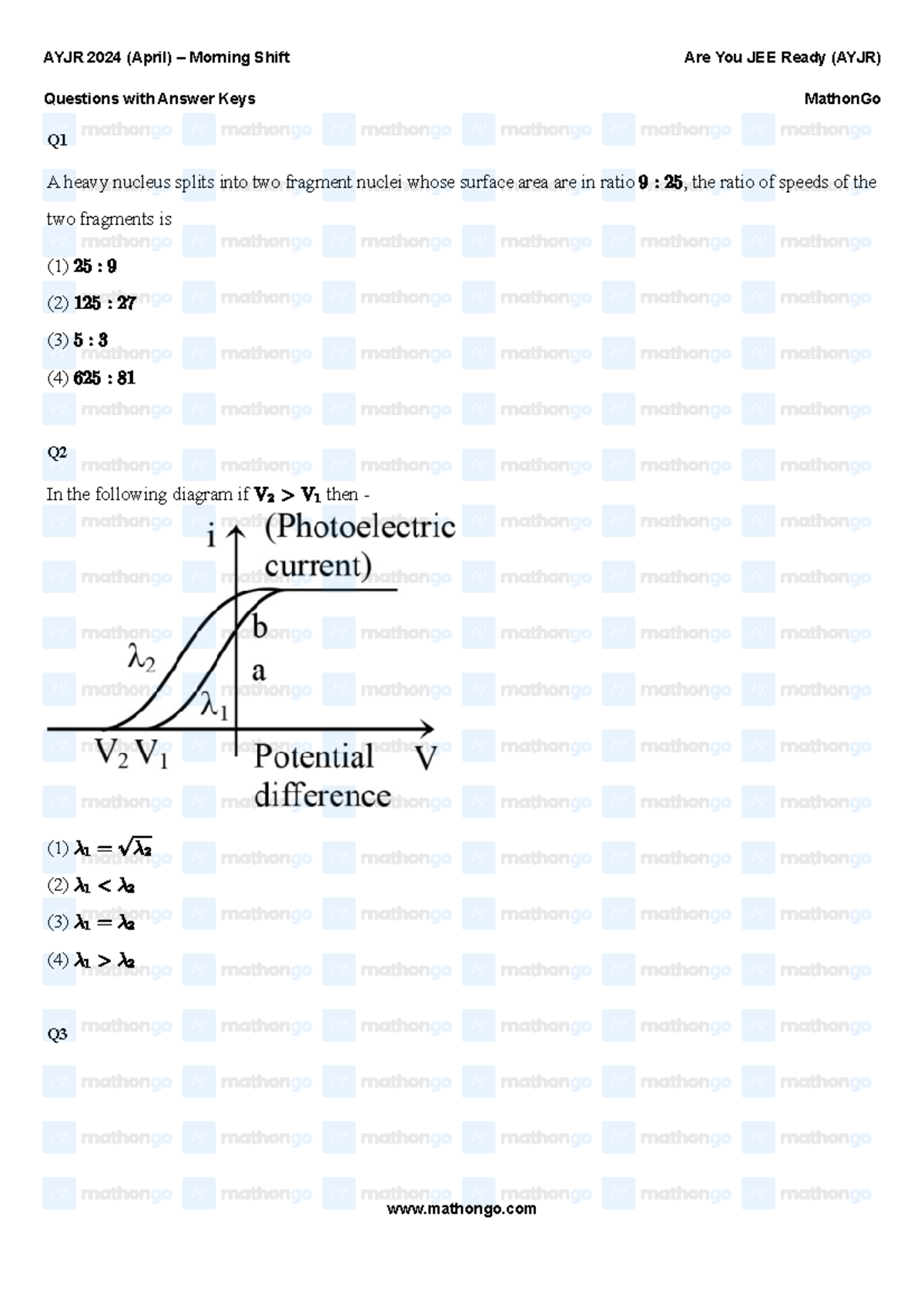 AYJR 2024 (April) – Morning Shift - Q A heavy nucleus splits into two ...
