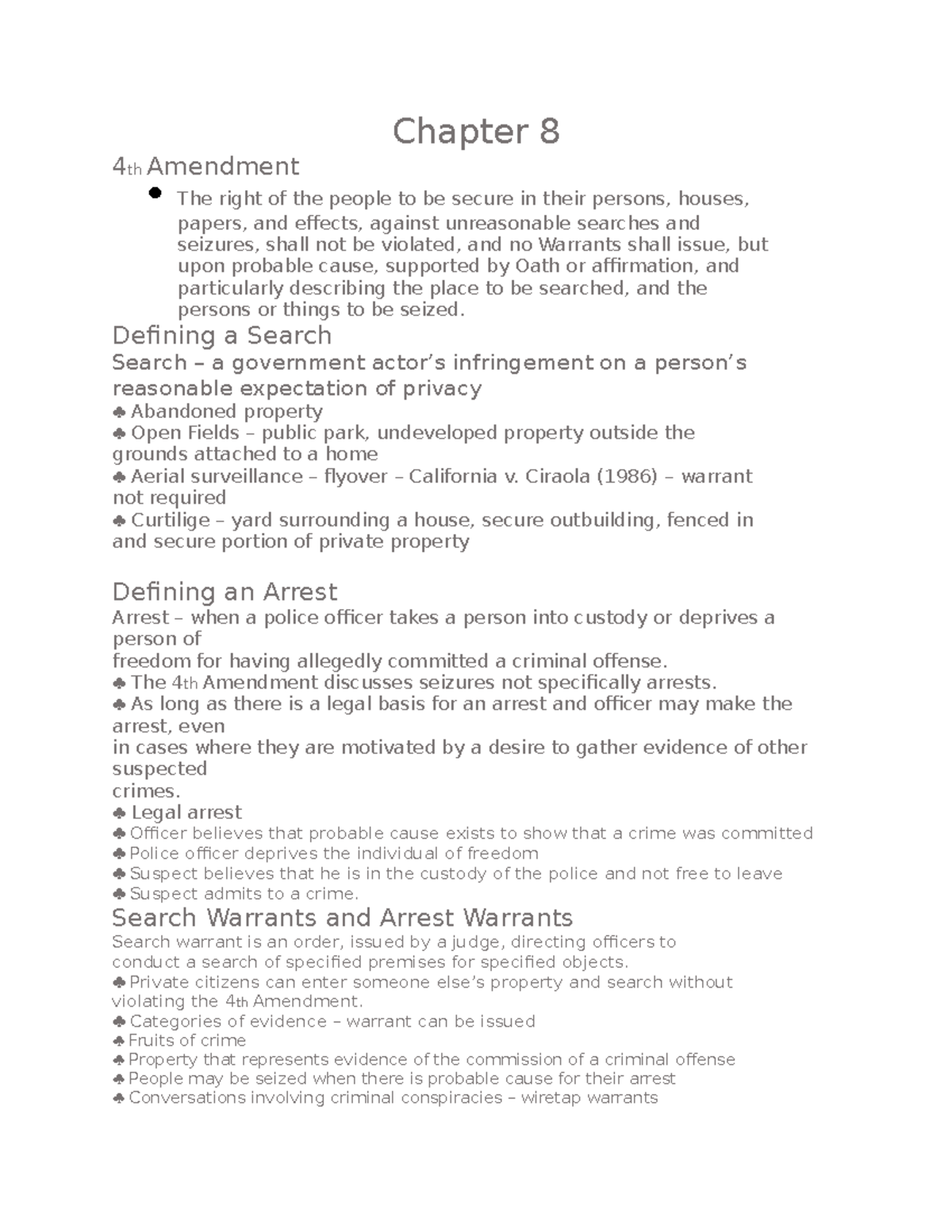 Online notes chapter 8 - Chapter 8 4 th Amendment The right of the ...