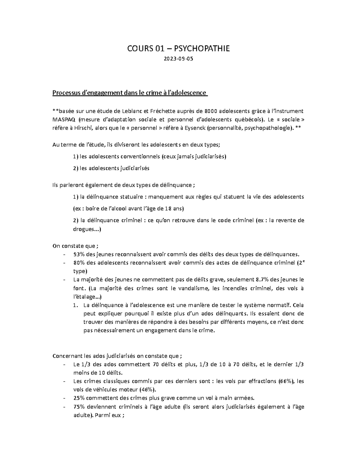 Cours 01 - introduction - COURS 01 – PSYCHOPATHIE 2023-09- Processus d ...