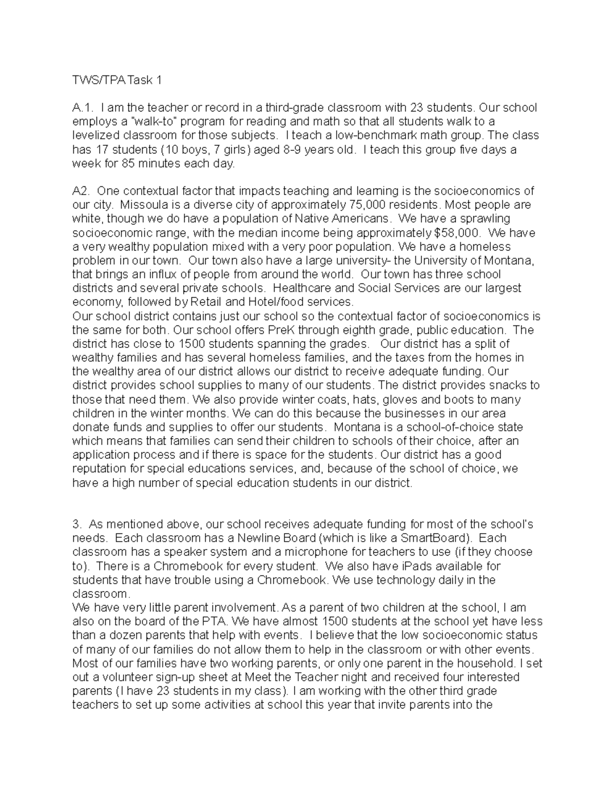 Teacher Work Sample Task 1 - TWS/TPA Task 1 A. I am the teacher or record in a third-grade ...