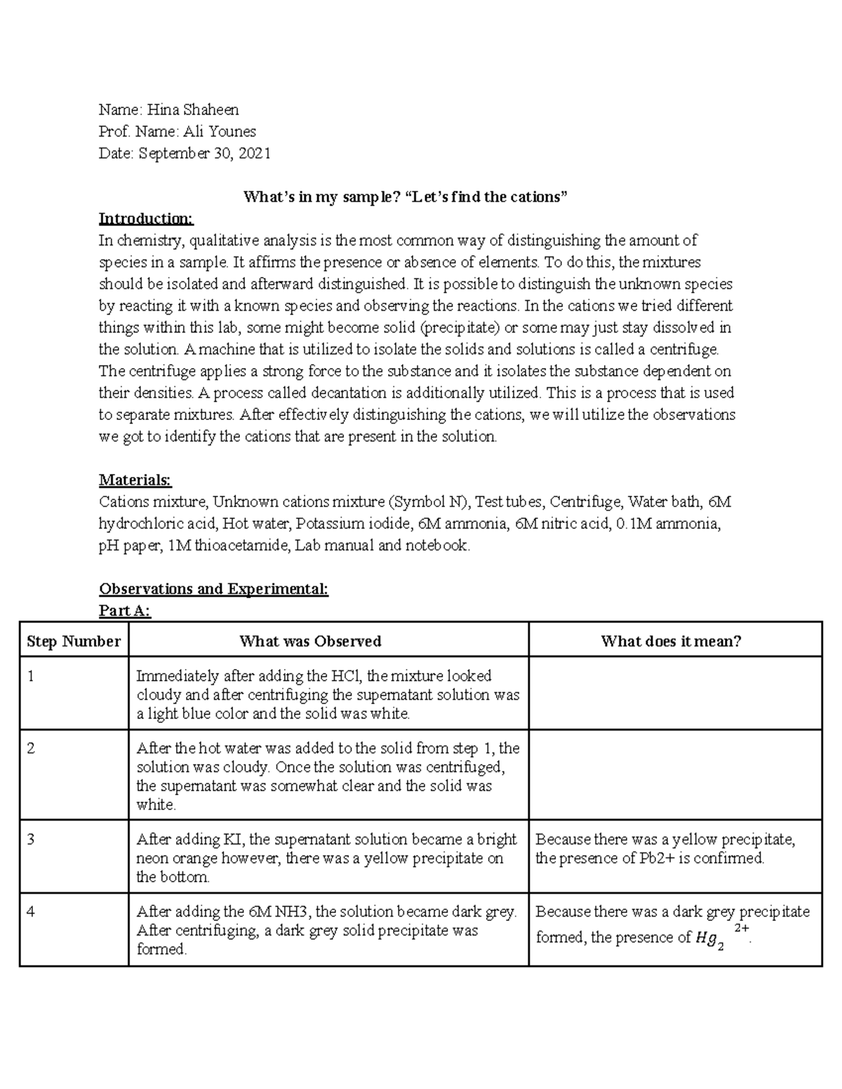 General Chemistry Laboratory Lab Report 4 - CHEM 106 - Hunter College ...