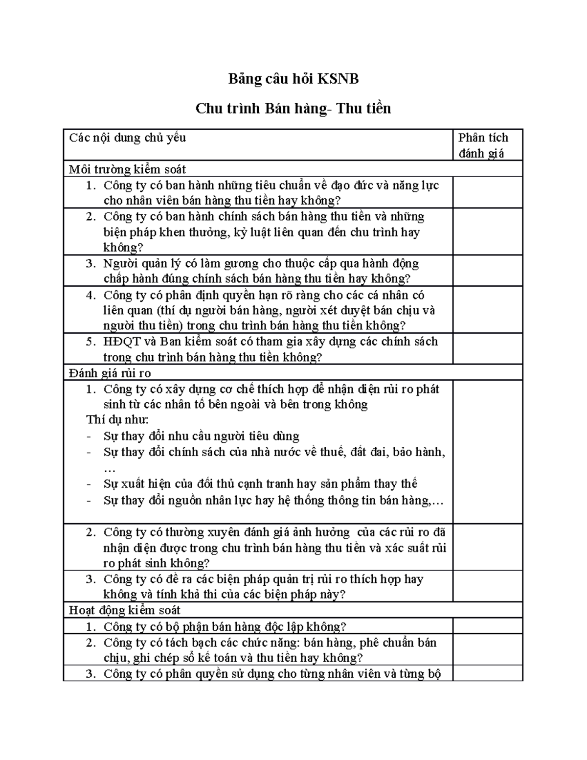 Bảng câu hỏi KSNB - Bán hàng thu tiền - Bảng câu hỏi KSNB Chu trình Bán ...