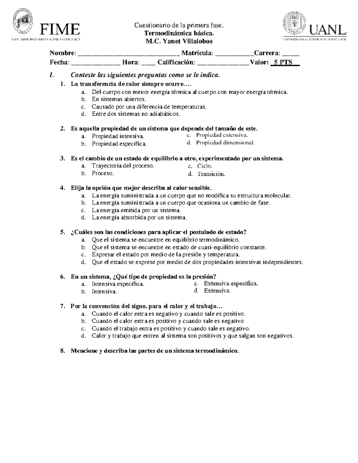 Cuestionario de la primera fase - Termodinámica básica. M. Yanet ...