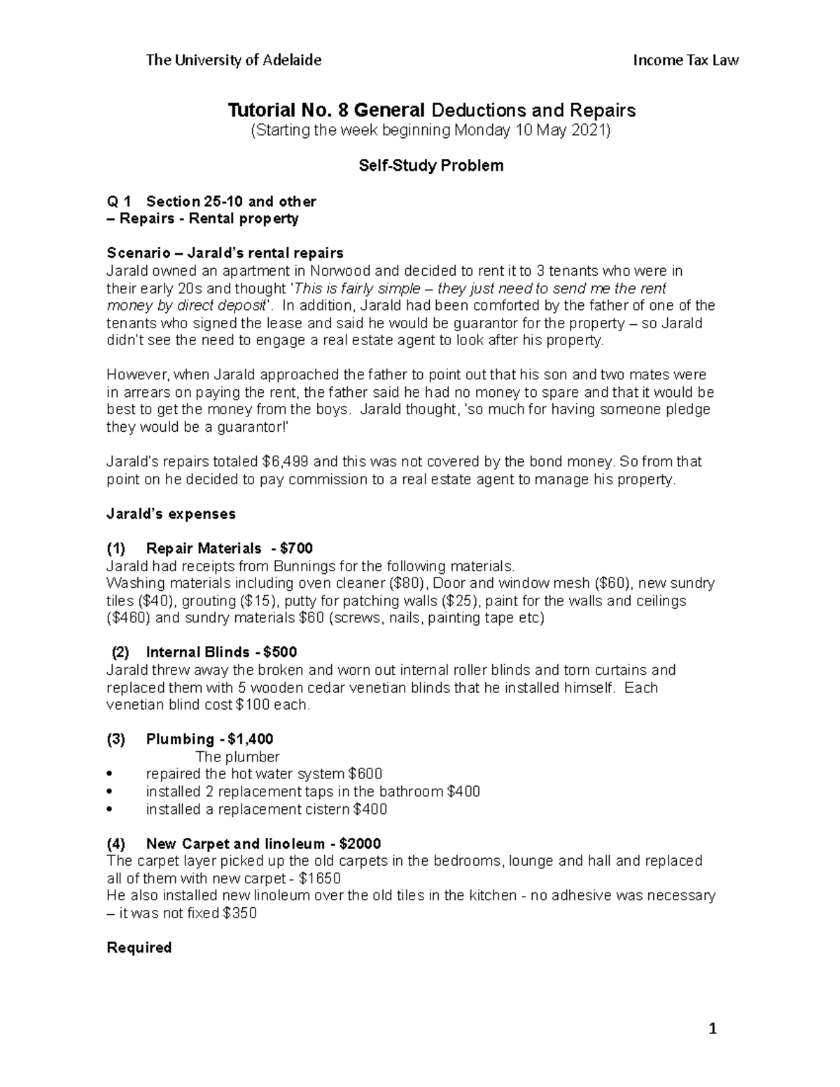Tutorial No. 8 Specific Deductions - Self-Study Problem - The ...