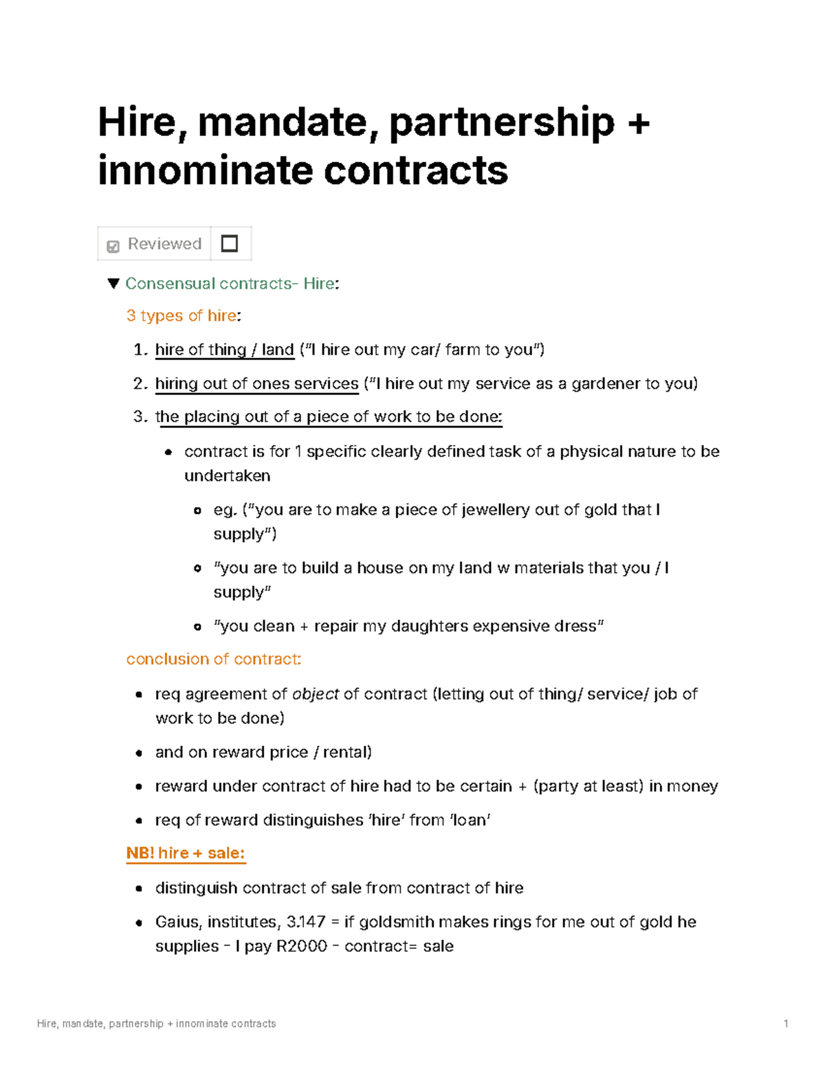 consensual contracts - Hire, mandate - Hire, mandate, partnership ...