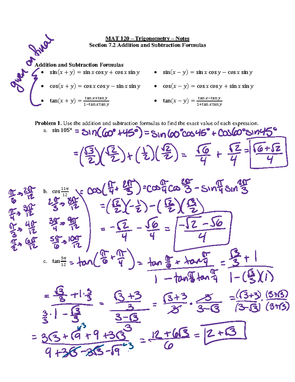 MAT 120 - Notes - 7.2-7.3 - key - MAT 120 – Trigonometry – Notes ...