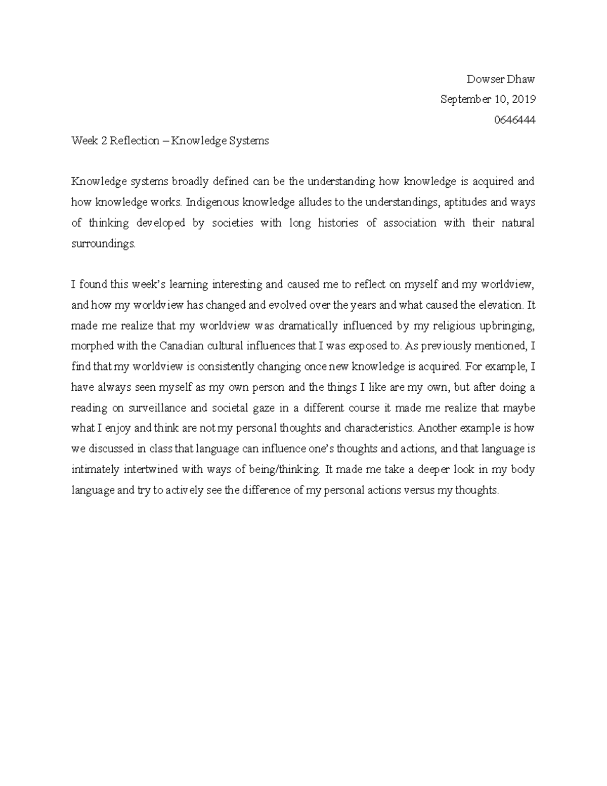 Week 2 reflection - Dowser Dhaw September 10, 2019 0646444 Week 2 ...