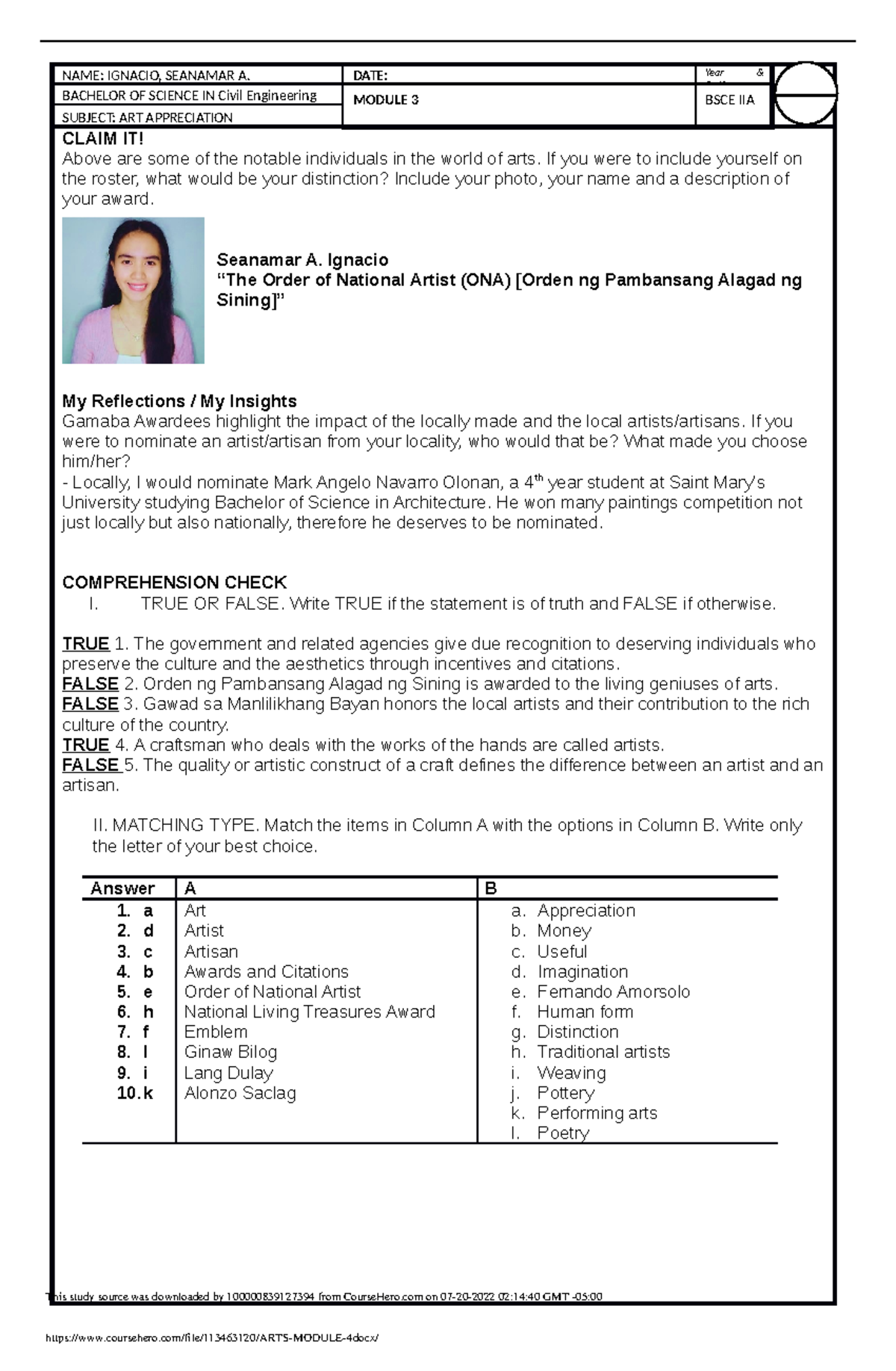ARTS Module 4 - Arts - NAME: IGNACIO, SEANAMAR A. DATE: Year & Section BACHELOR OF SCIENCE IN ...