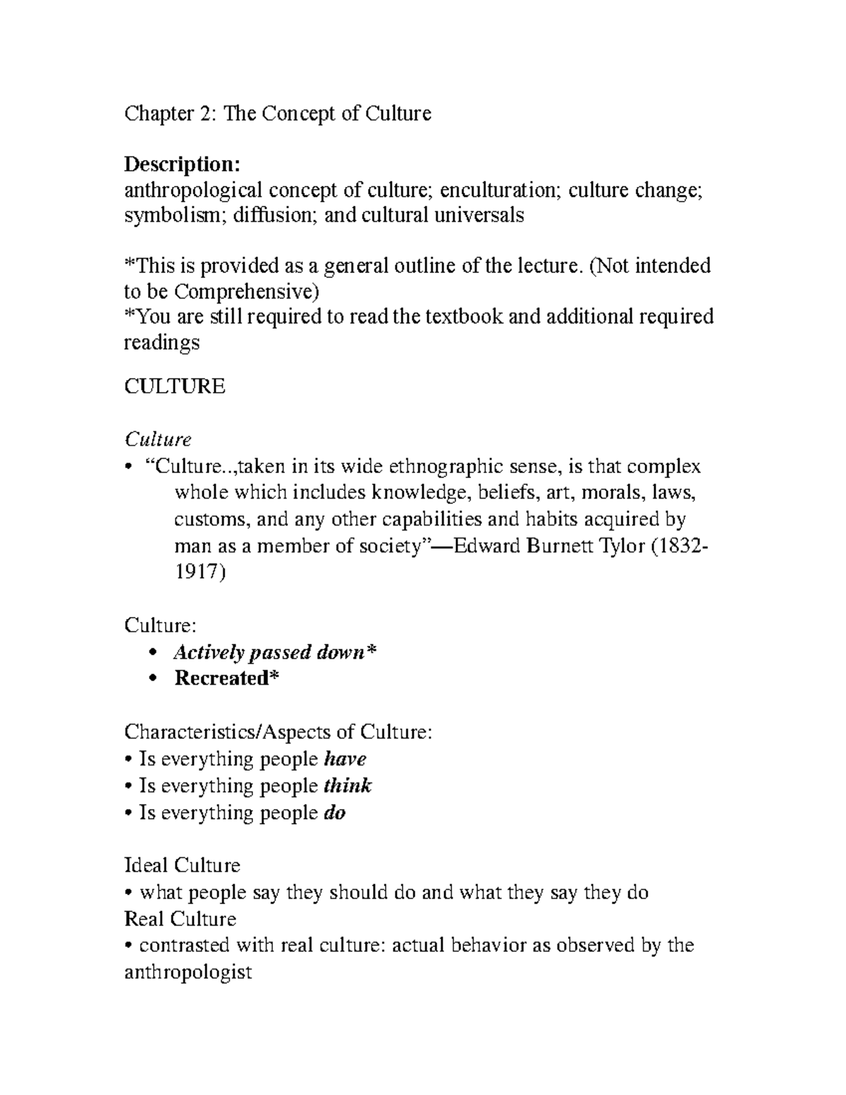 ANTH 2 CH2 outline - Lecture notes 2 - Chapter 2: The Concept of ...