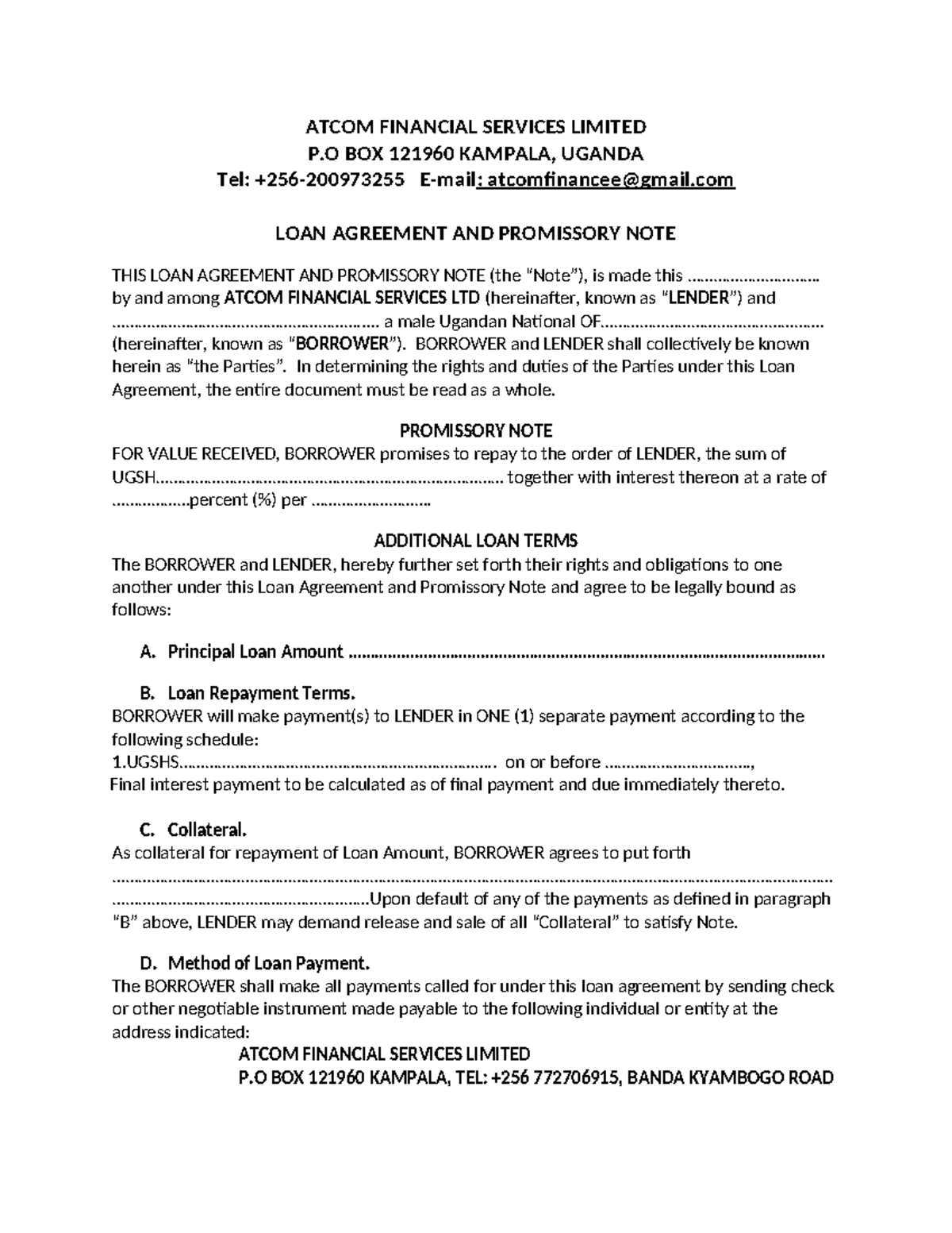 Atcom Financial Services LOAN FORM - ATCOM FINANCIAL SERVICES LIMITED P BOX 121960 KAMPALA ...
