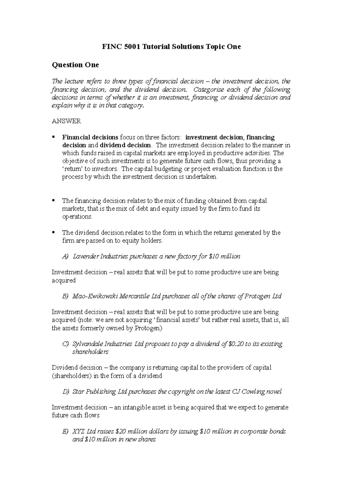 Topic 1 FINC 5001 Tutorial Solutions - FINC 5001 Tutorial Solutions ...