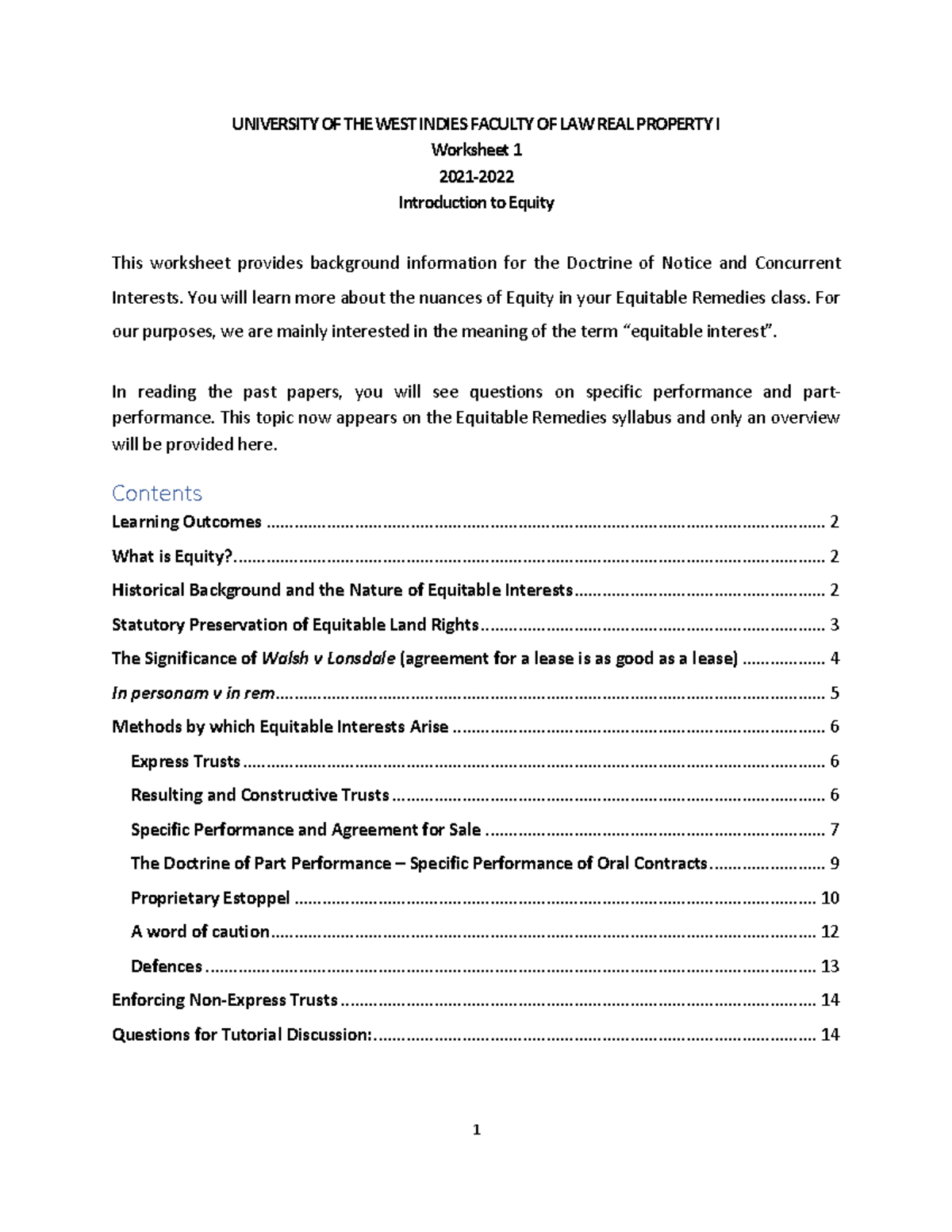 Real Prop 1Worksheet 1Equity Work Notes - UNIVERSITY OF THE WEST INDIES ...