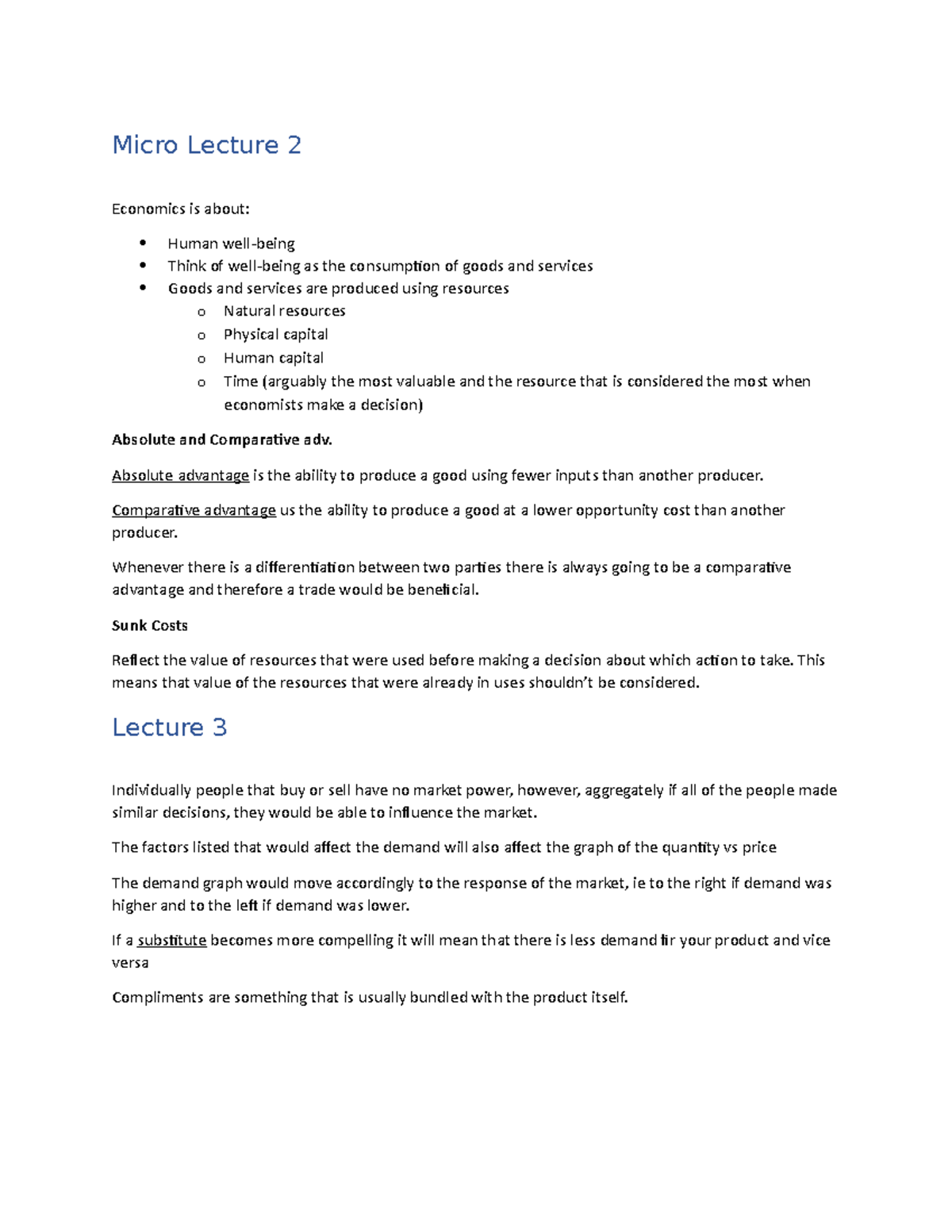 Micro lecture notes 1-10 - Micro Lecture 2 Economics is about: Human ...