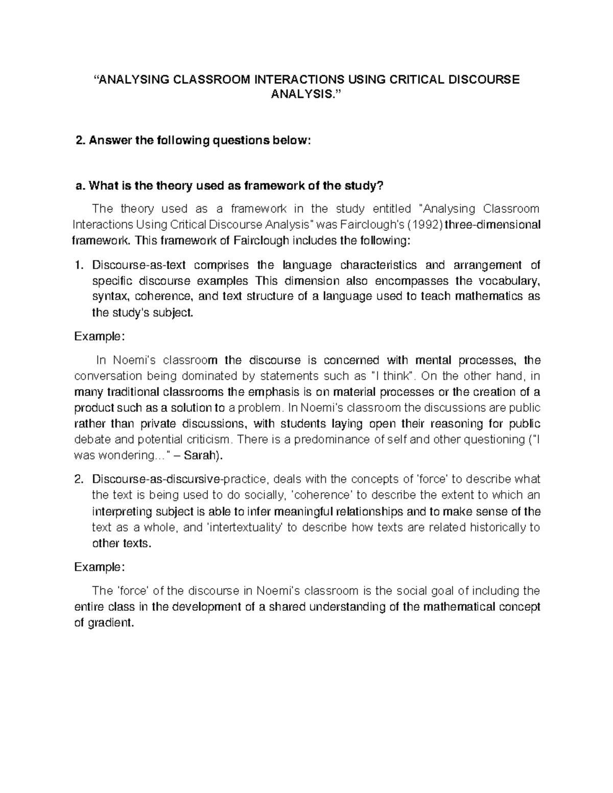 Analyzing the Study Entitled "Classroom Interactions Using Critical Discourse Analysis" - - Studocu