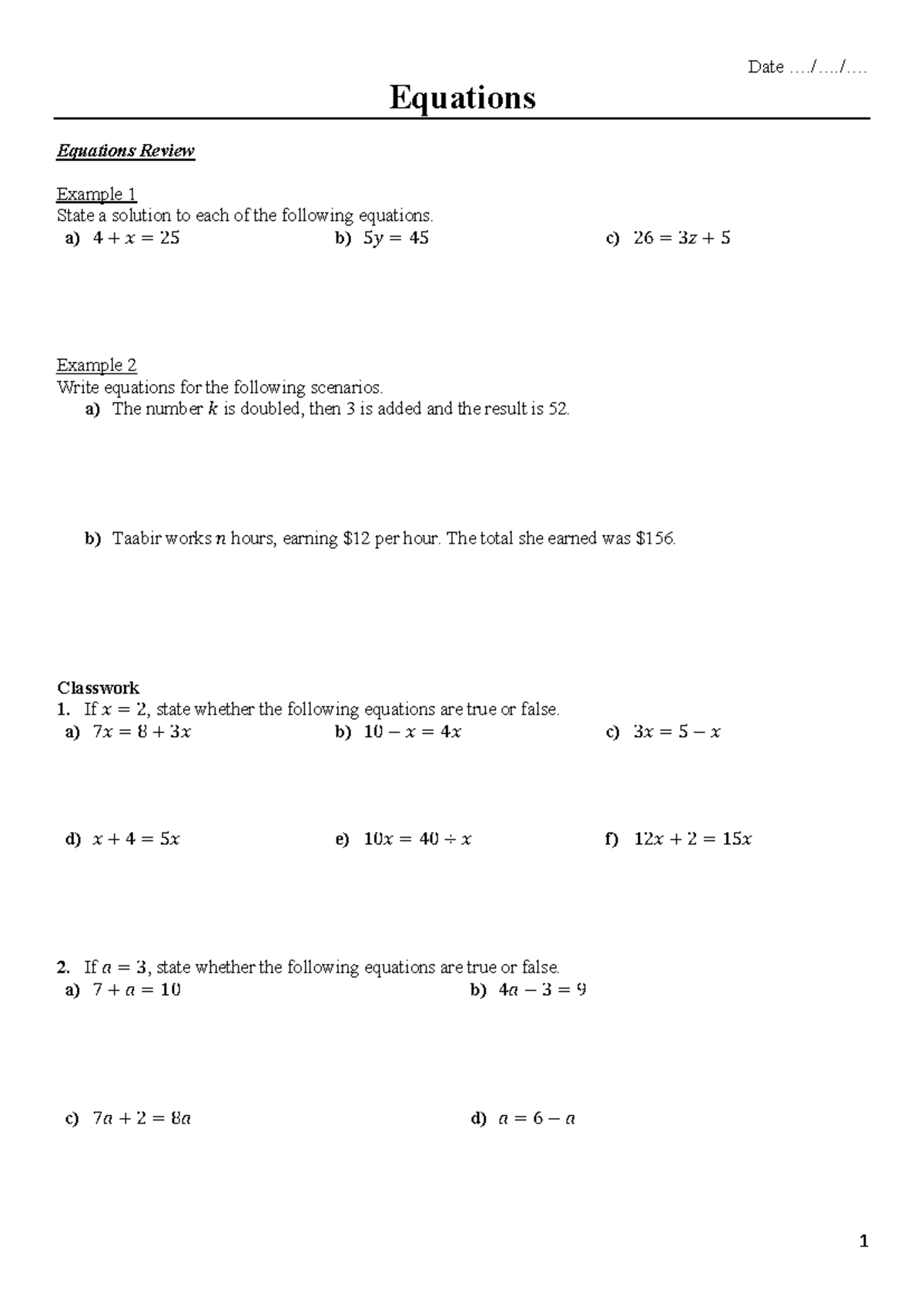 Equations Workbook - Equations Equations Review Example 1 State a ...