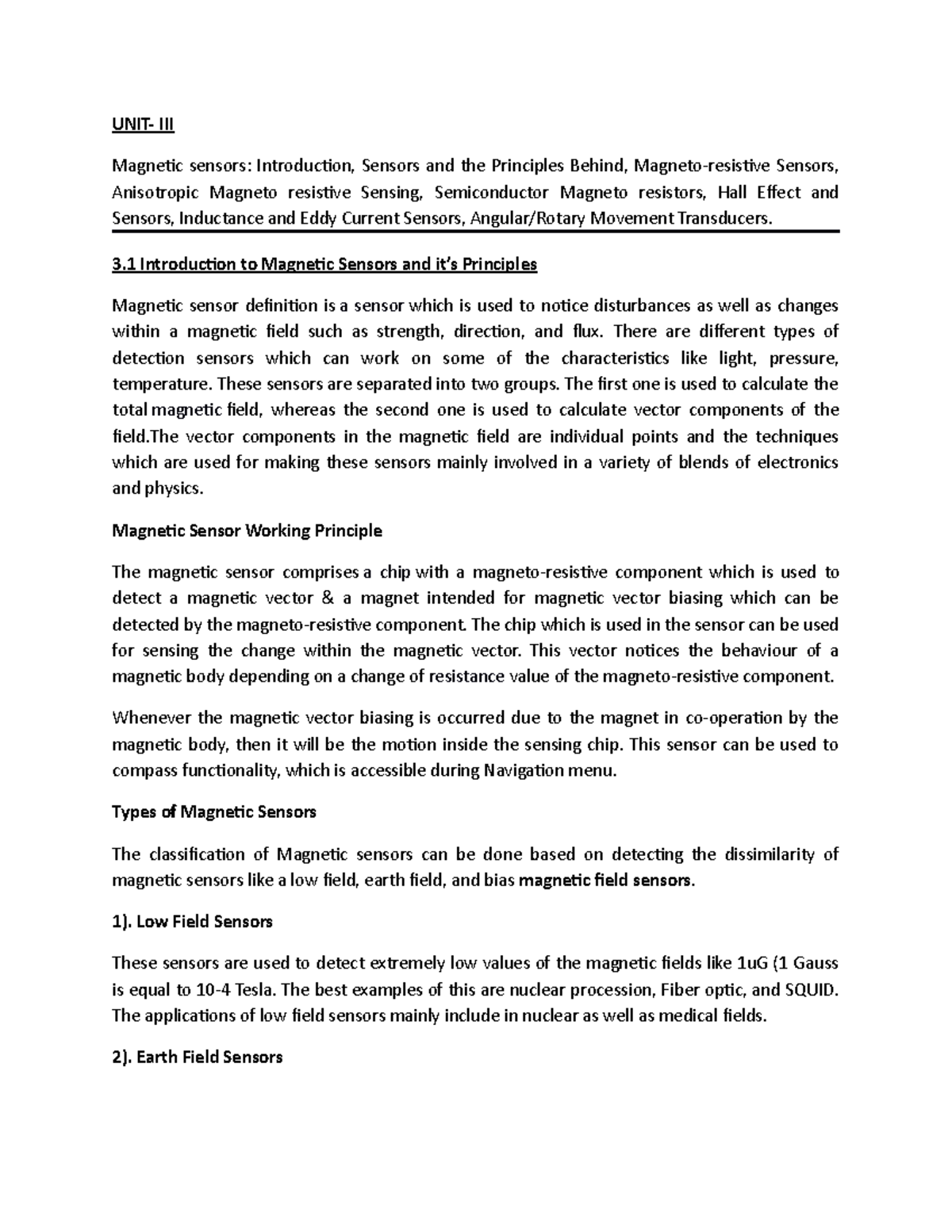 Unit3 Notes EC700PE Electronic Sensors - UNIT- III Magnetic sensors ...