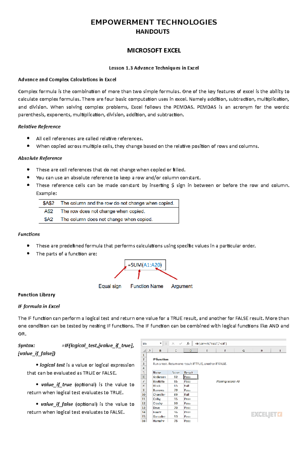 Etech- Handout- Excel - EMPOWERMENT TECHNOLOGIES HANDOUTS MICROSOFT ...