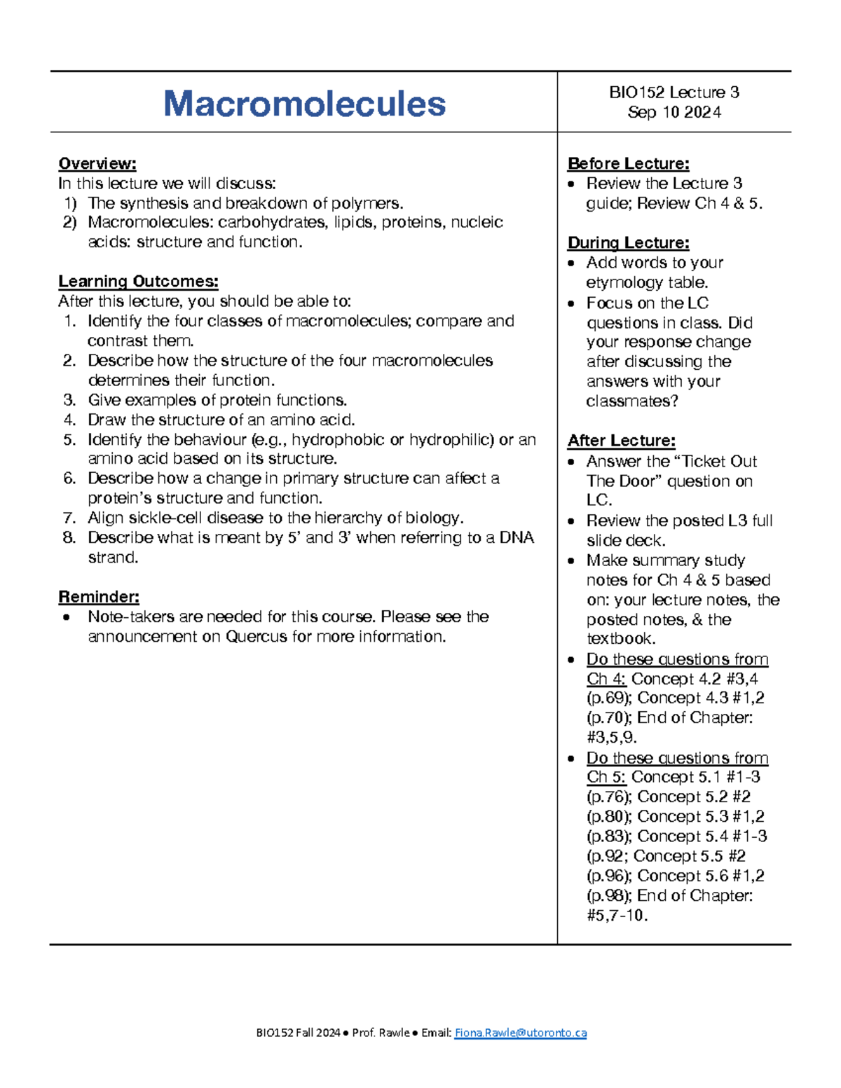 L3 Macromolecules 2024 Lecture Guide - BIO152 Fall 20 24 • Prof. Rawle ...
