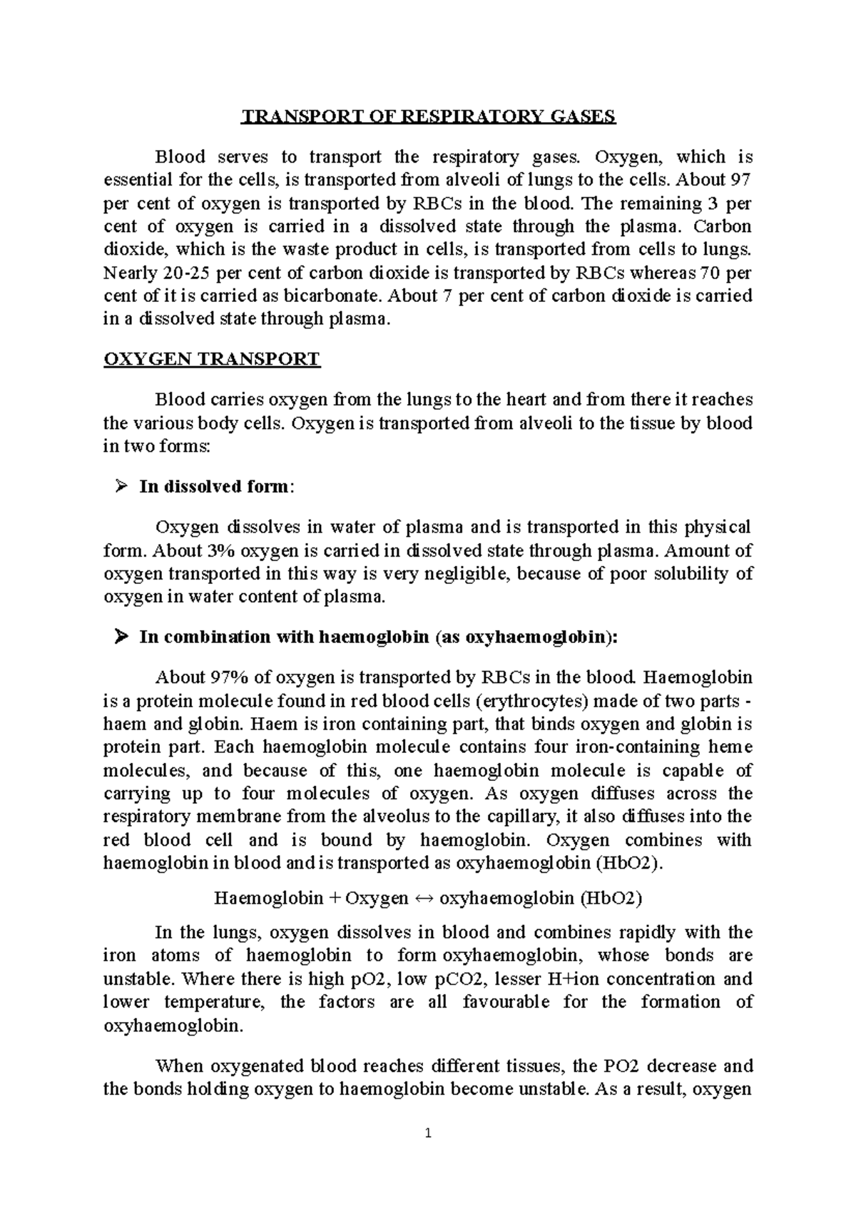 GAS Transport IN THE Blood - TRANSPORT OF RESPIRATORY GASES Blood ...