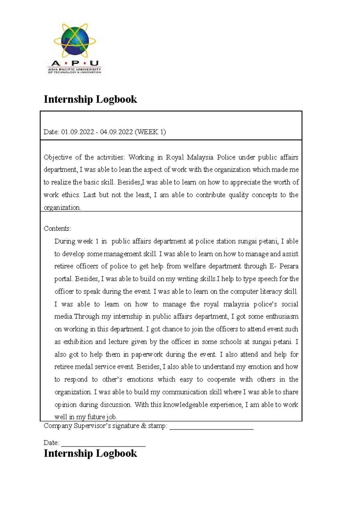 SJN Wardi - Logbook (HEA) - Internship Logbook Company Supervisor’s ...