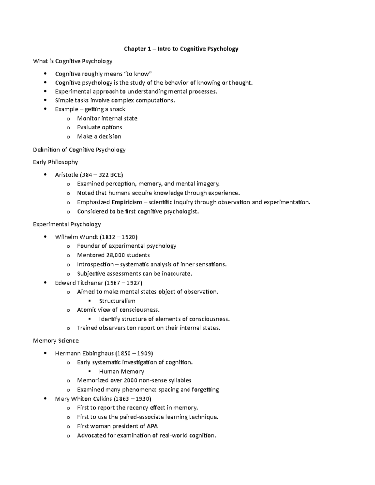 Chapter 1 Lecture Notes - Chapter 1 – Intro to Cognitive Psychology ...