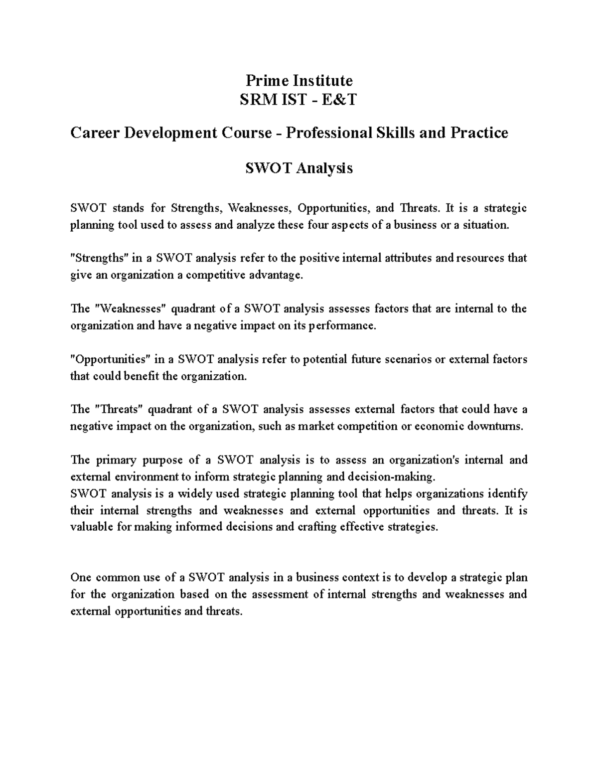 SWOT Analysis - It's fucking free - Prime Institute SRM IST - E&T ...