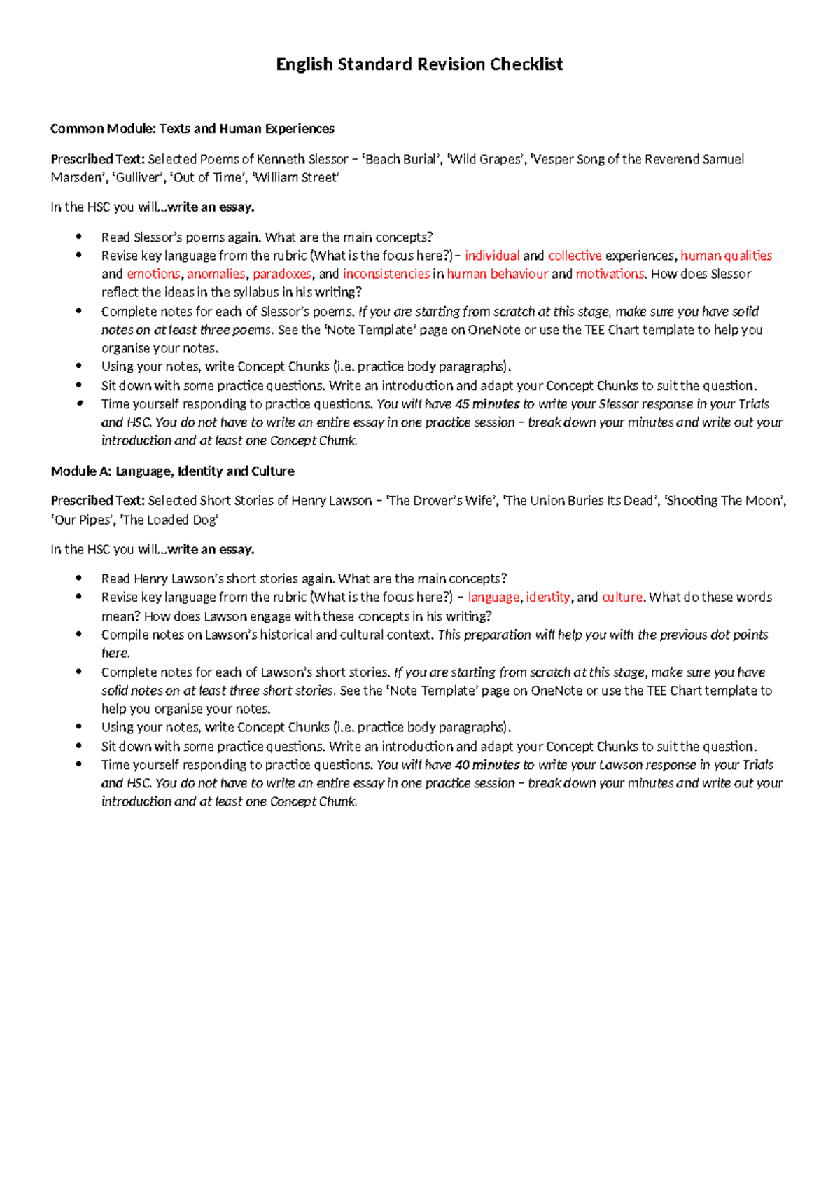 English Standard Revision Checklist - . an essay. Read Slessor’s poems ...