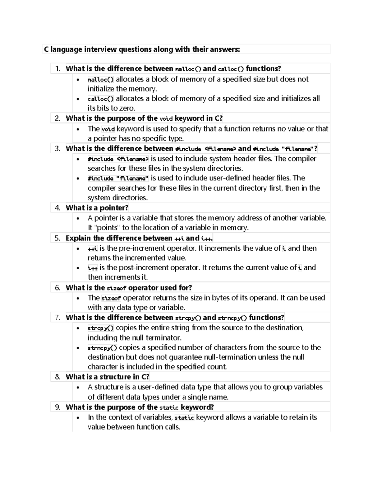 Sample interview questions along with their answers - C language interview questions along with ...