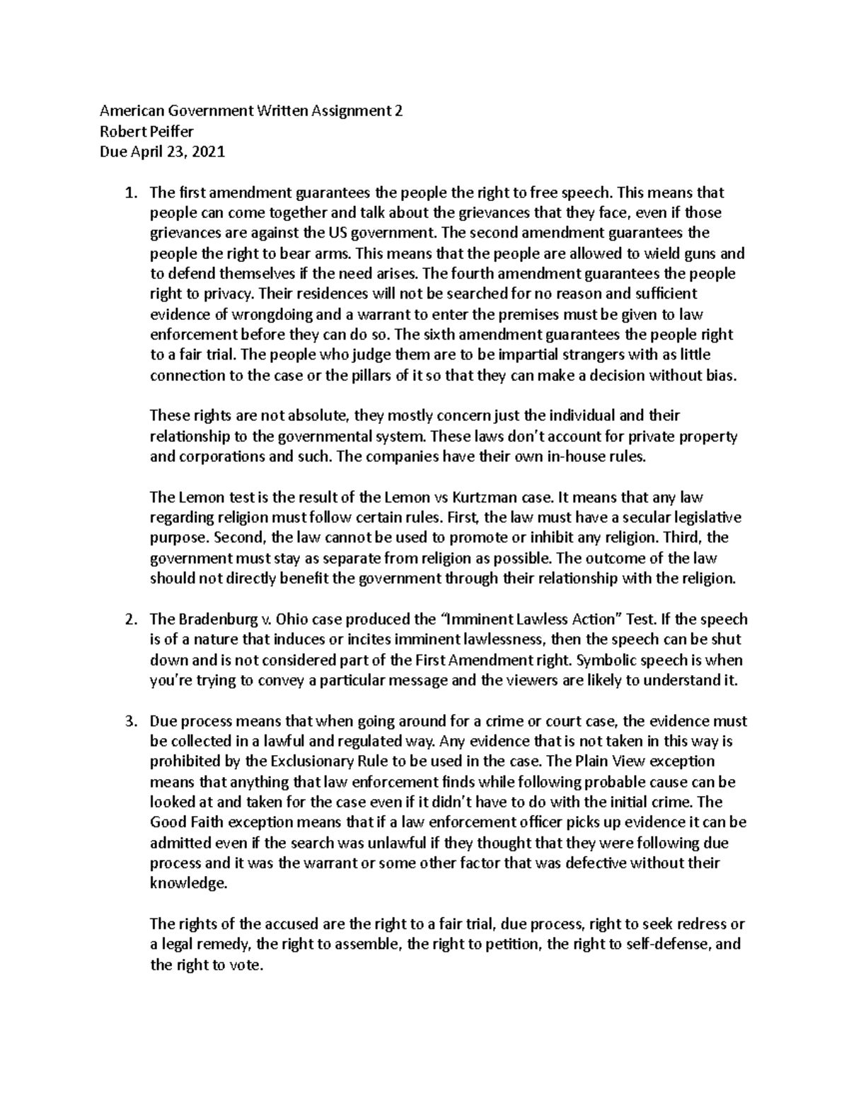 American Government WA2 - American Government Written Assignment 2 ...