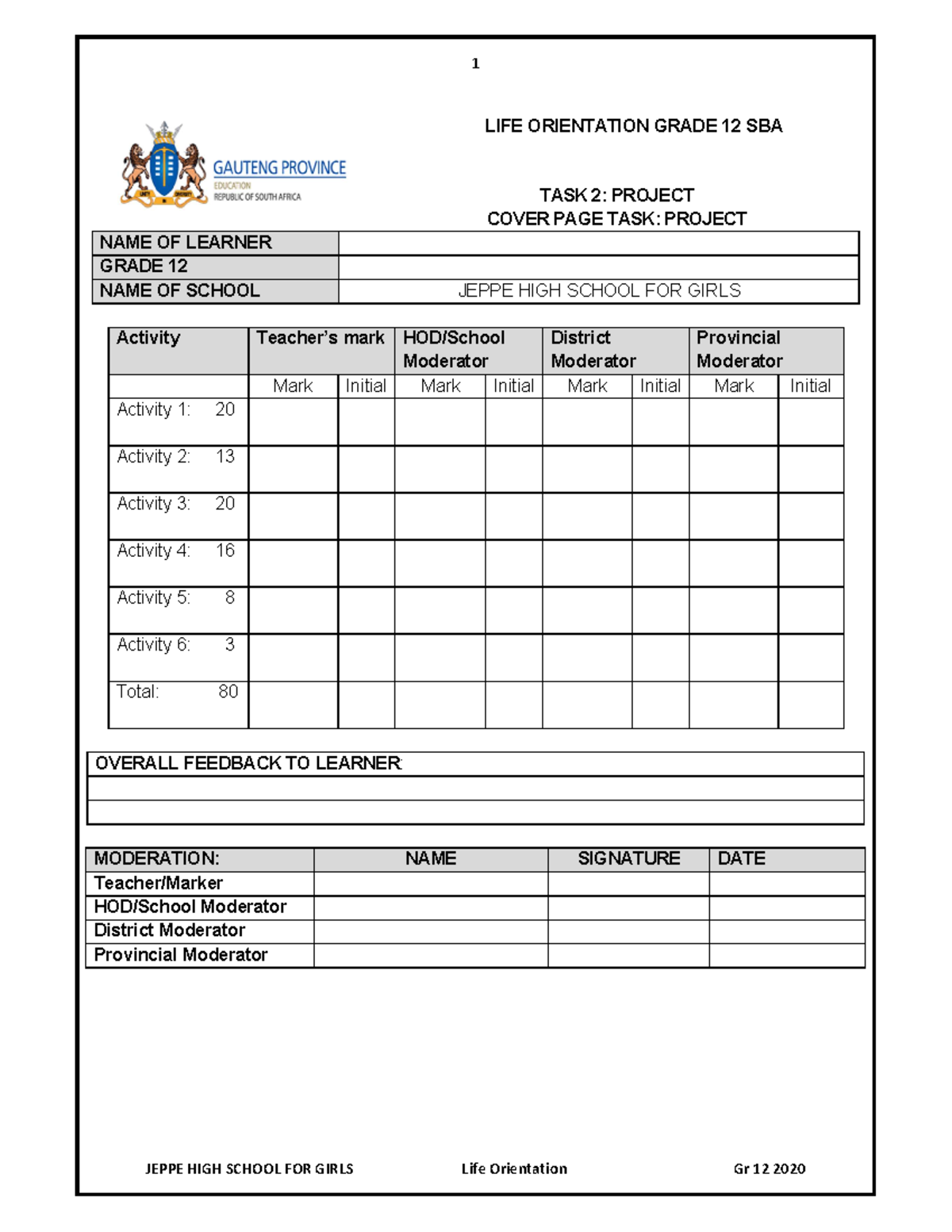 Gr 12 Life Orientation 18 Mar 13 Apr - LIFE ORIENTATION GRADE 12 SBA ...
