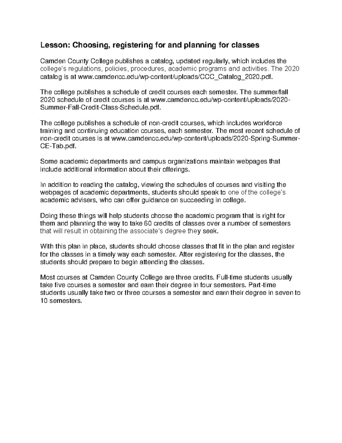 Lesson - Choosing, registering for and planning for classes - Lesson: Choosing, registering for ...