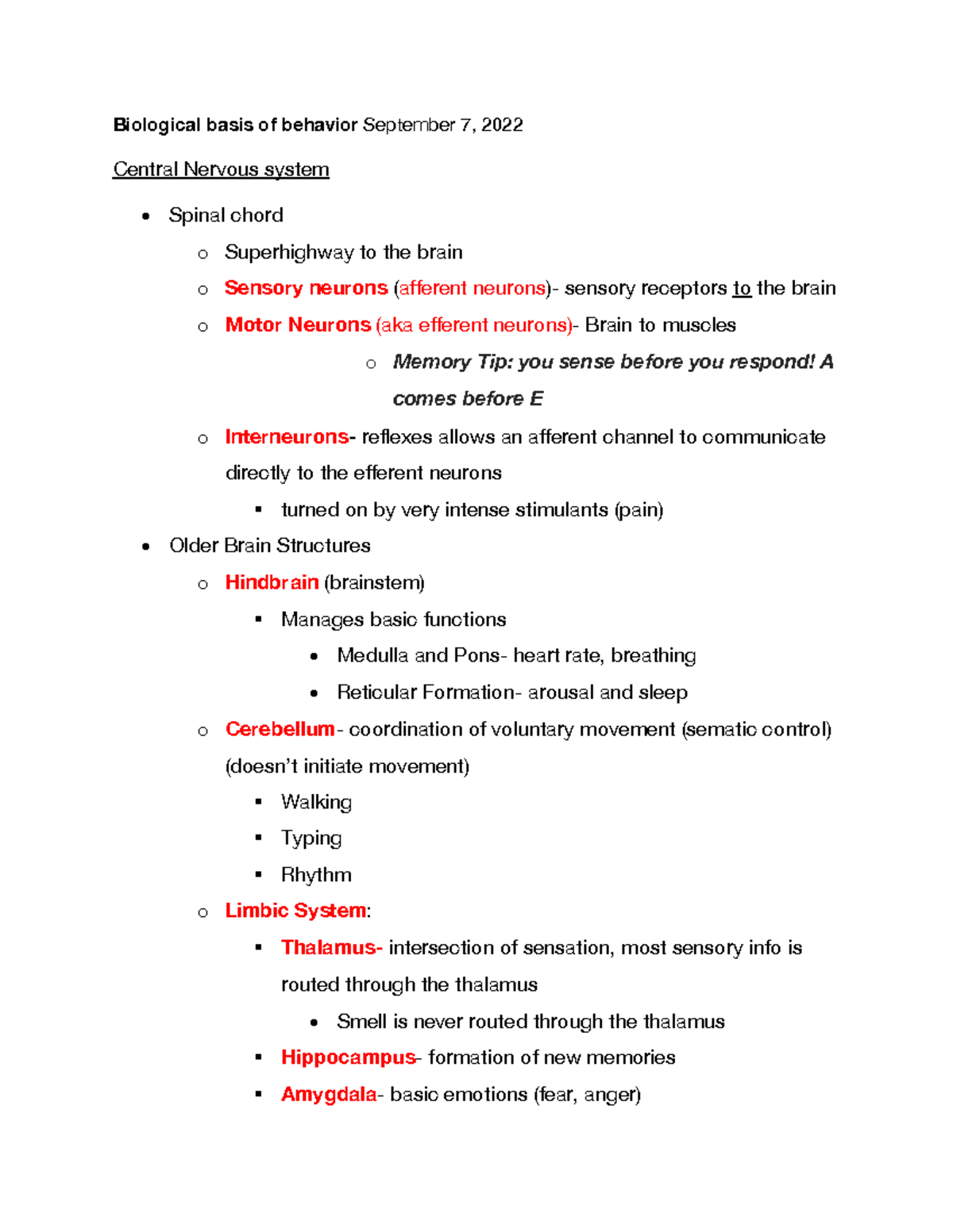 Psychology Notes - Biological basis of behavior September 7, 2022 ...