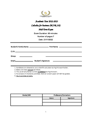 Mid2021-2022withs solutions - Academic Year 20 21 - 2022 Calculus for ...