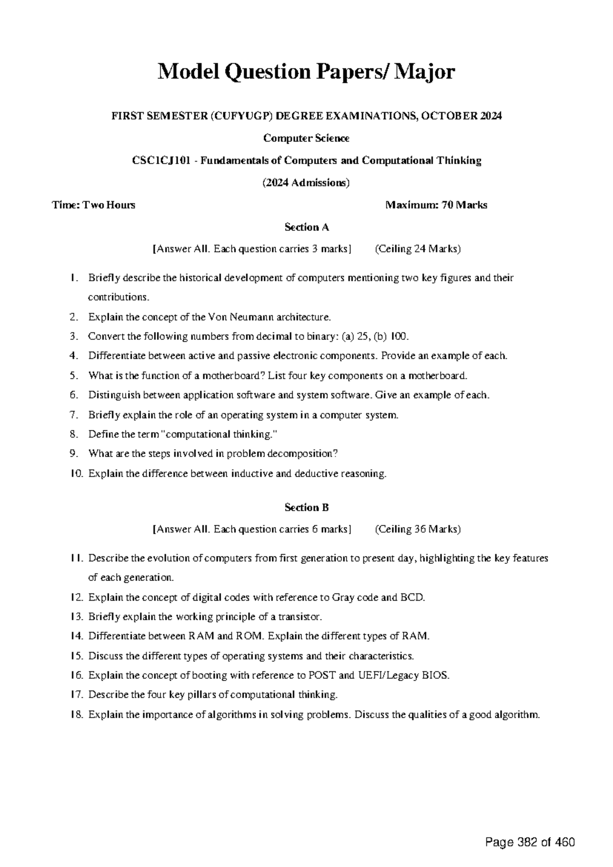 CS MAJ Sample Quest - Model Question Papers/ Major FIRST SEMESTER ...